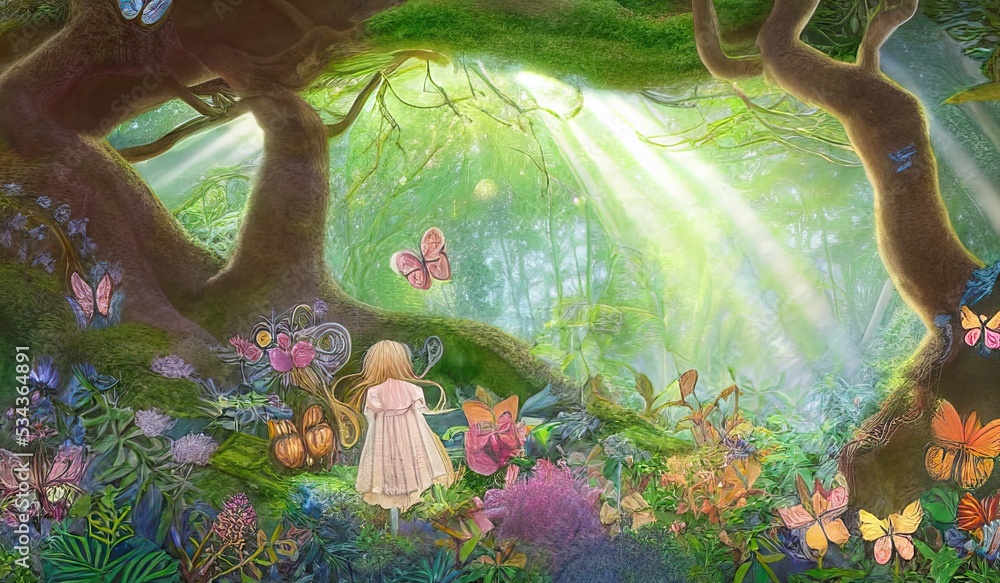Children playing in a beautiful enchanted magic forest with big ...