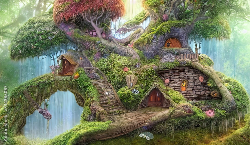 Enchanted cute fairy tree house in an old tree, magical dream fantasy ...
