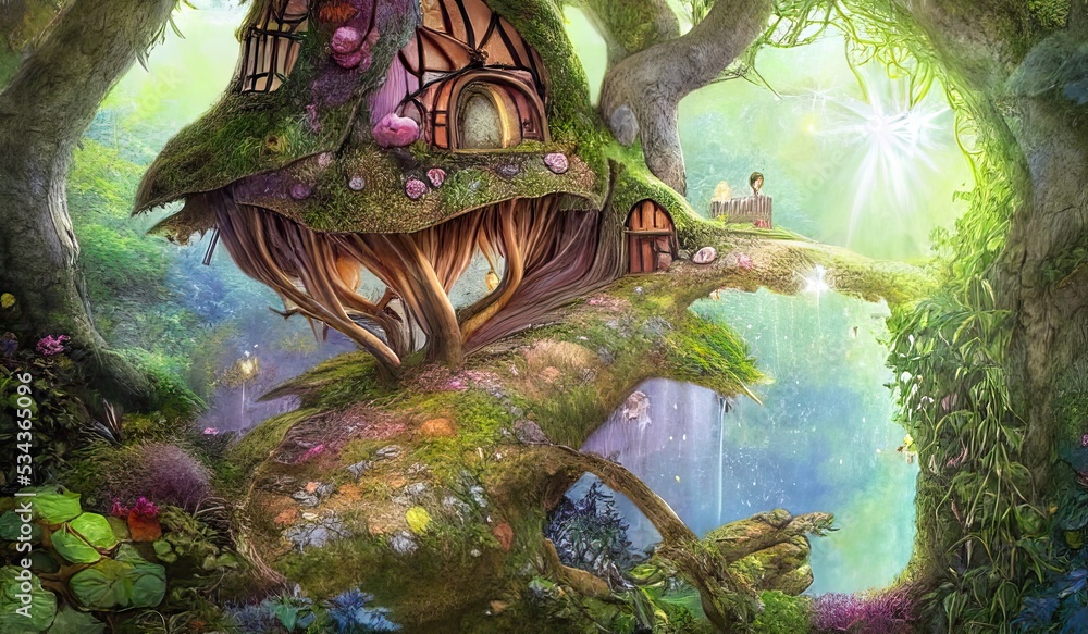 Enchanted cute fairy tree house in an old tree, magical dream fantasy ...