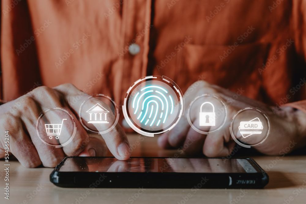 Business person hand using fingerprint indentification to access ...