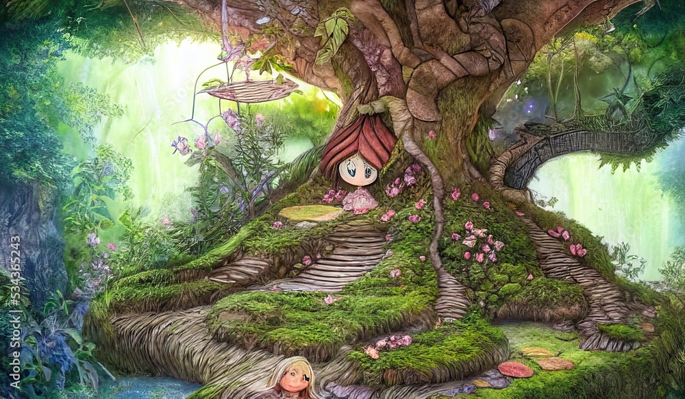 Enchanted cute fairy tree house in an old tree, magical dream fantasy ...