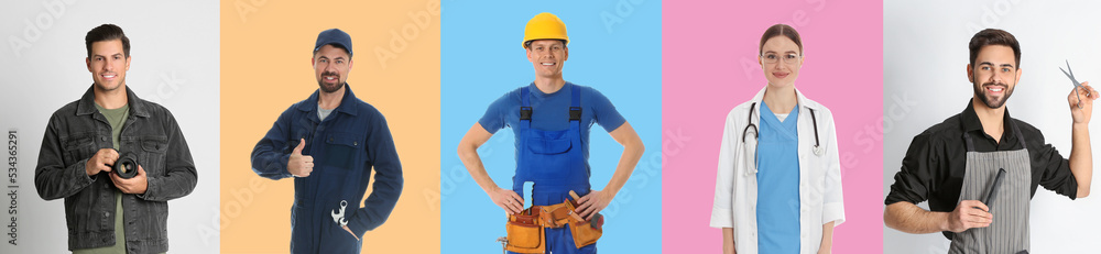 Collage with photos of people of different professions on color ...