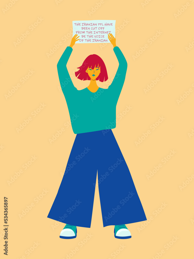 Girl in full growth in a hijab with a poster in her hands. Rally and ...