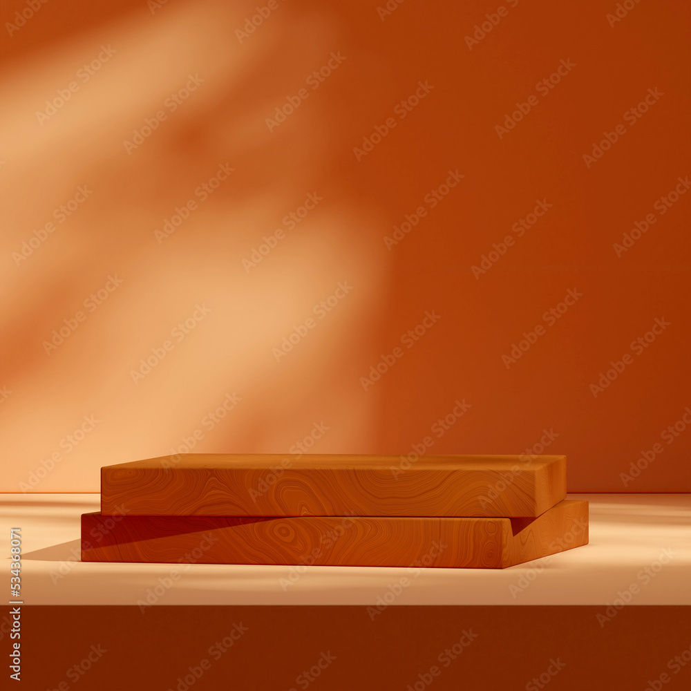 Square layout wood texture rectangle podium with brown wall and gobo ...