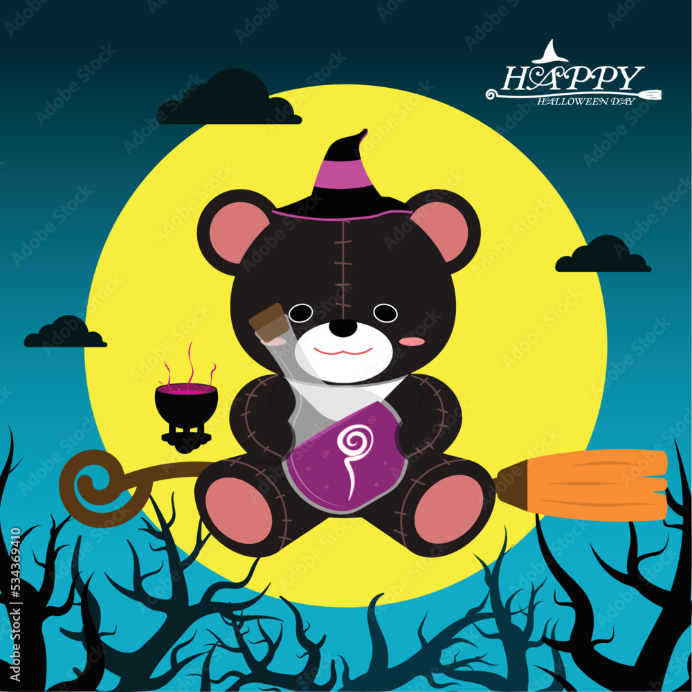 Vector illustration of a teddy bear in a wizard costume, with a hat, a ...
