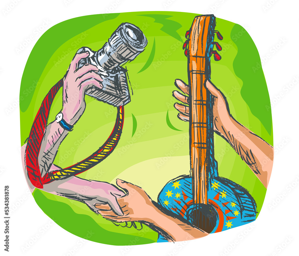 full color hand sketched drawing vector illustration showing two hands ...