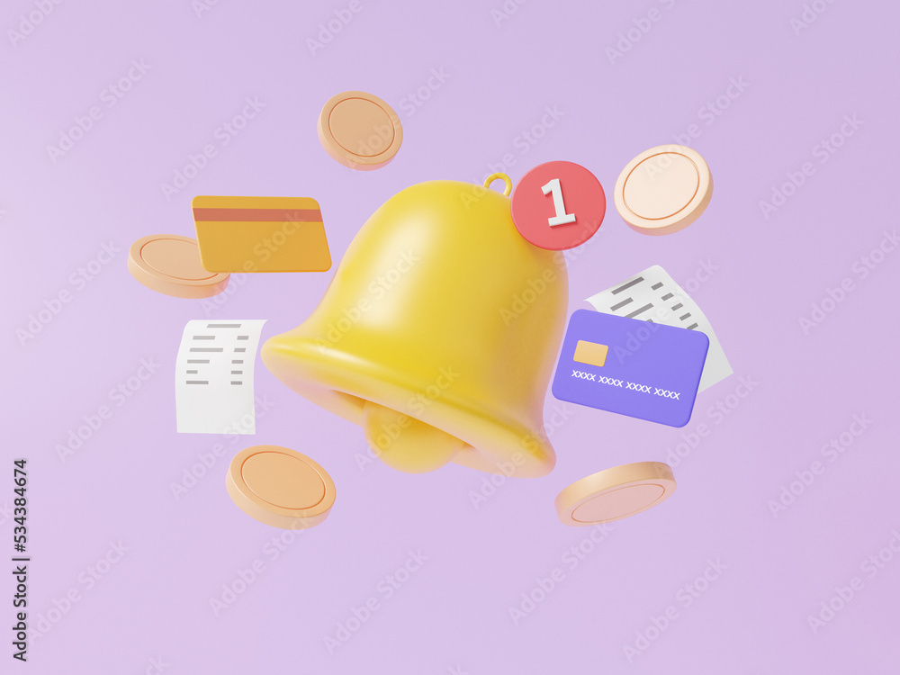 Notification bell bill online payments credit or debit card concept ...