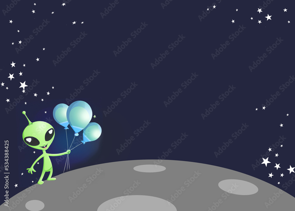 Happy alien illustration holding birthday balloons standing on moon ...
