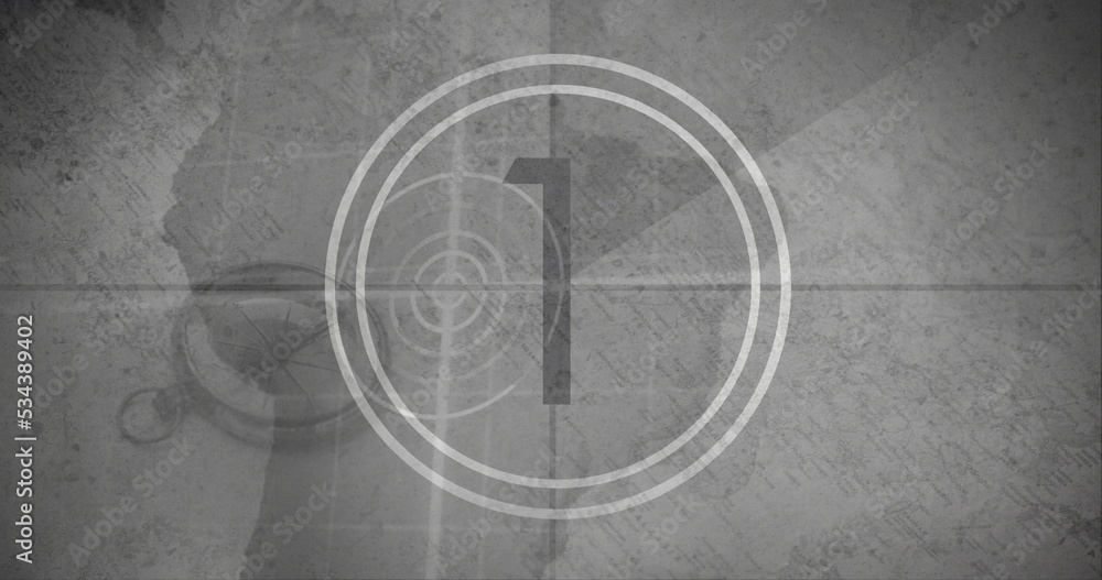 Image of number 1 in white circle over grey world map with circular ...