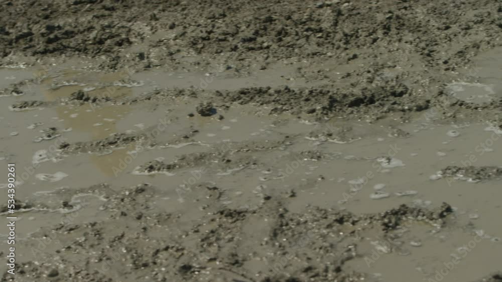 Close up pan on brown muddy ground and mud puddles after rainstorm ...