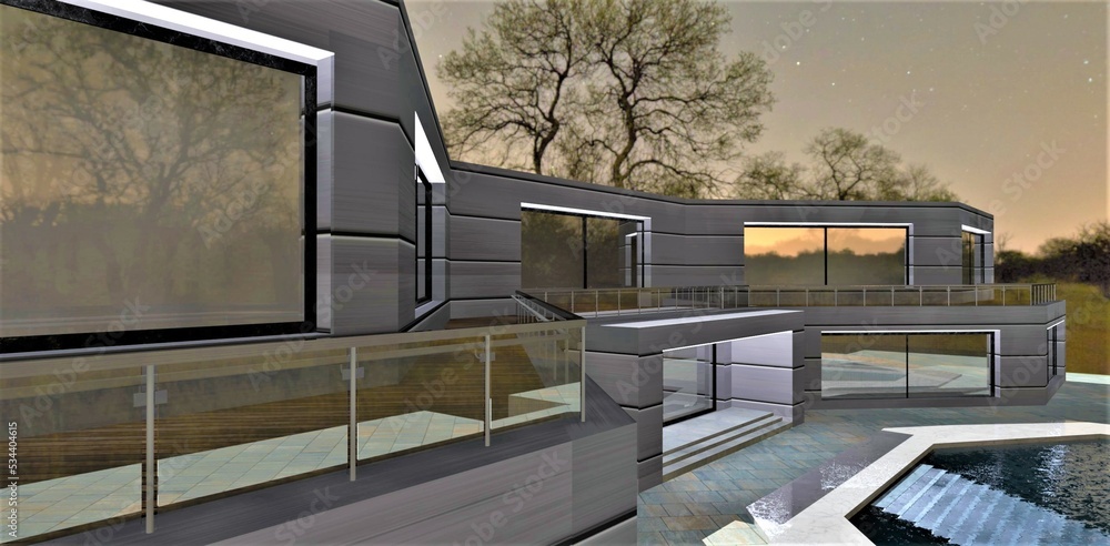 Night LED illumination of window openings of a stylish private estate ...