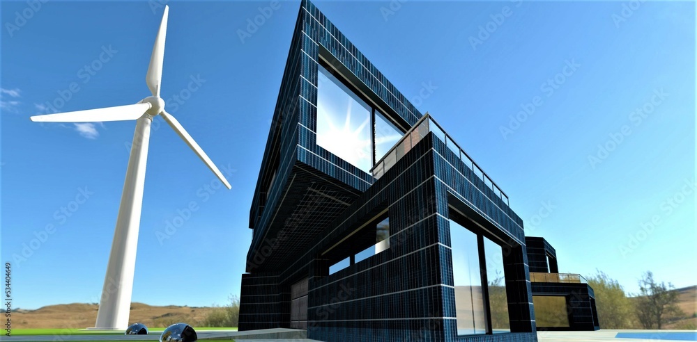 A bold idea in renewable energy. The facade of house, finished with ...