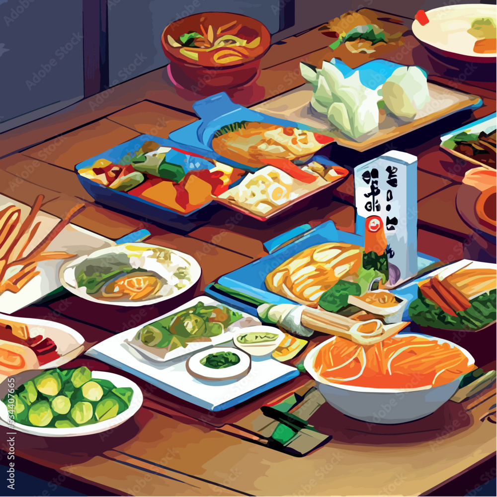 Asian food engraved on the table. Noodle dishes at the top of the view ...