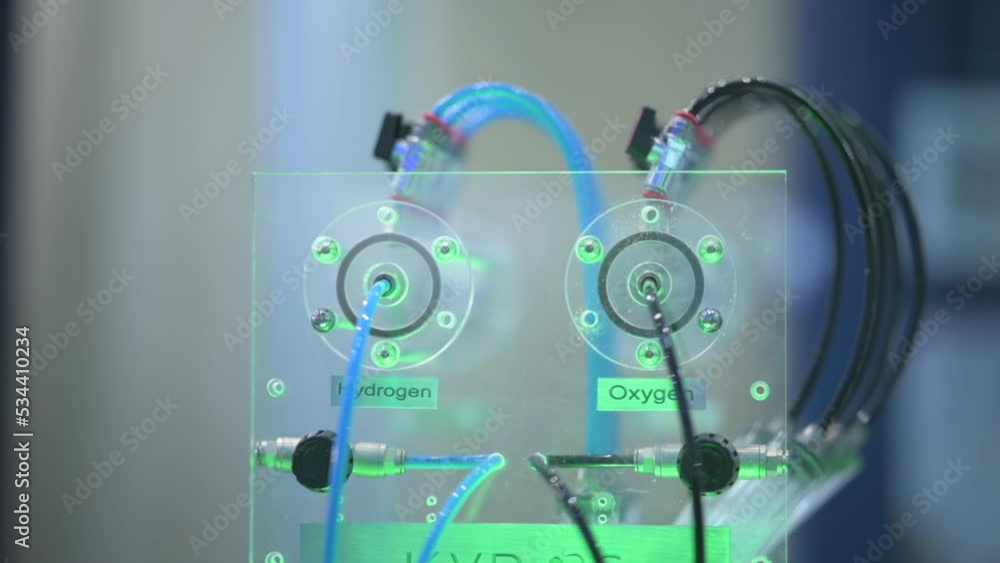 Hydrogen and oxygen pipes connected on a electrolyzer demonstrator ...