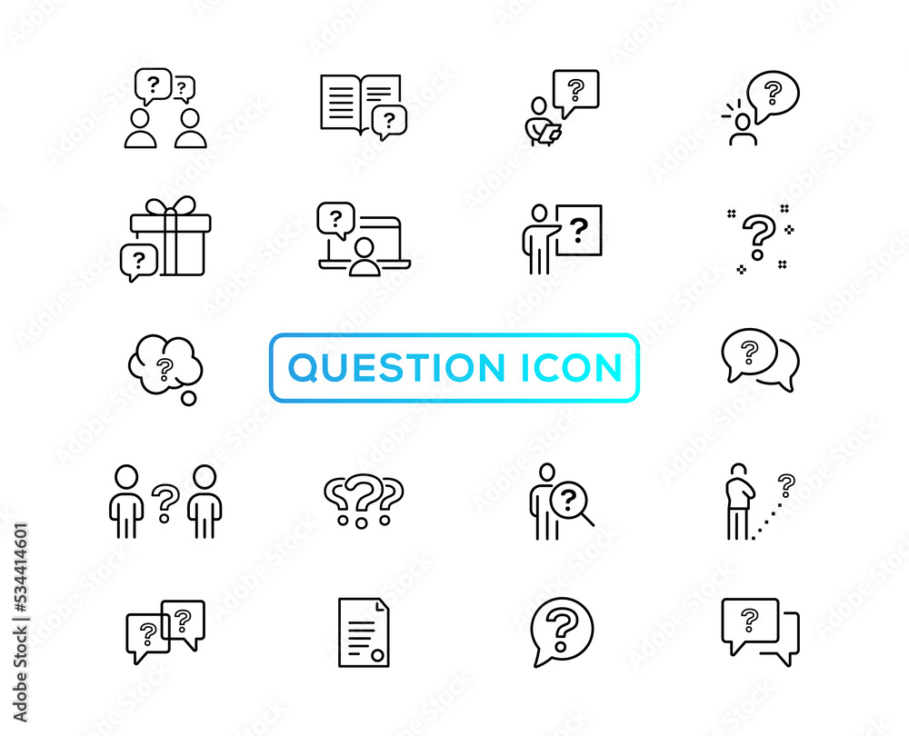 Questions line icons. Artificial intelligence computer, phone with ...
