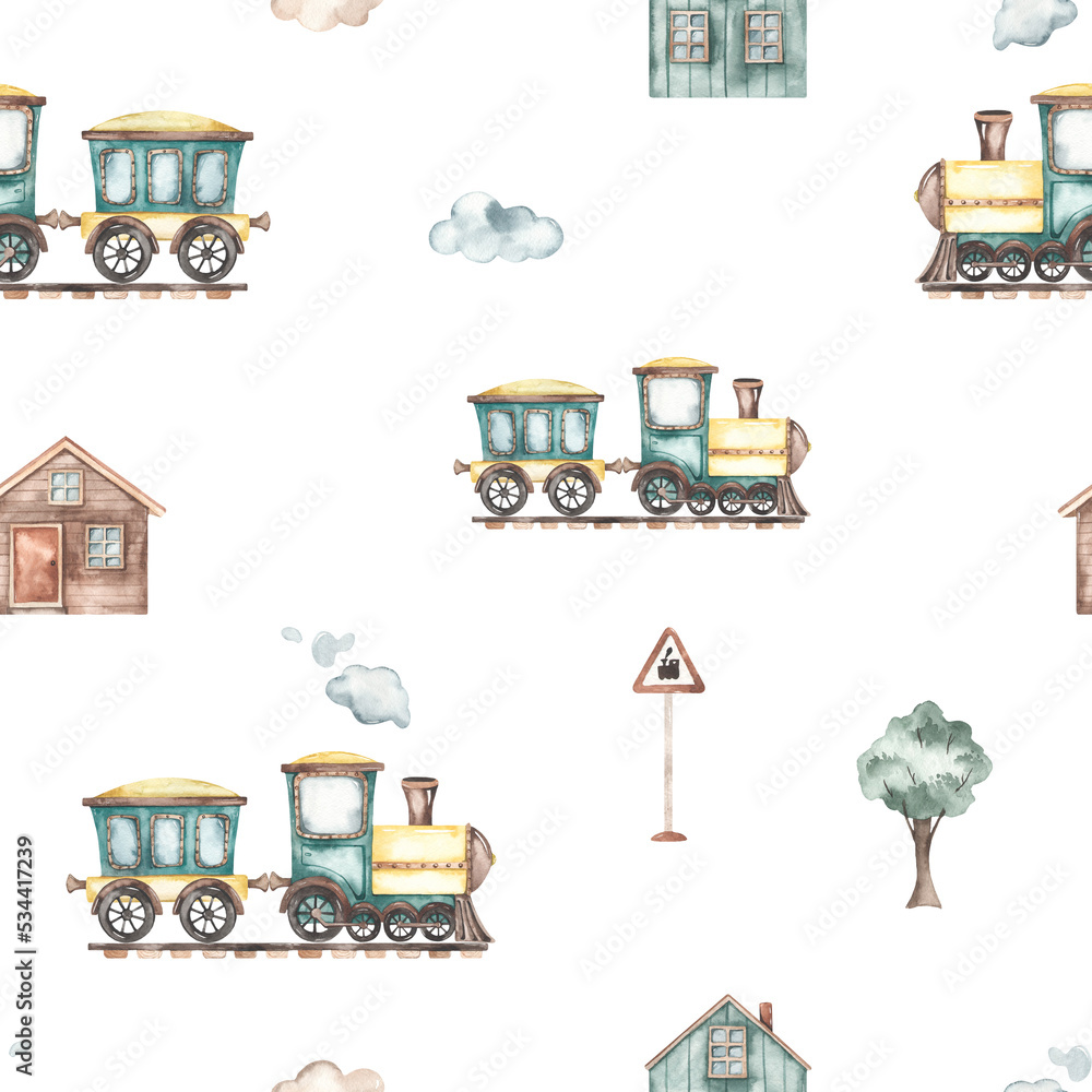 Watercolor seamless pattern with trains, wagons, transport, railroad ...