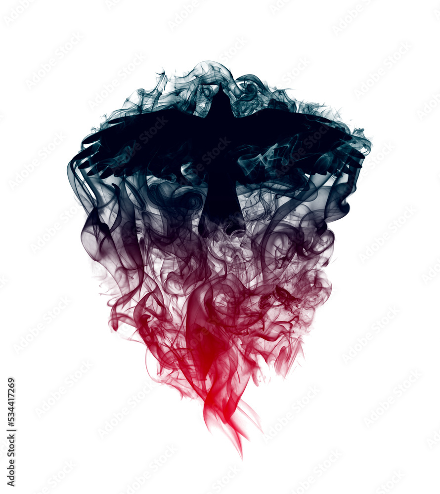 Silhouette of a flying raven with spread wings in puffs of smoke with a ...