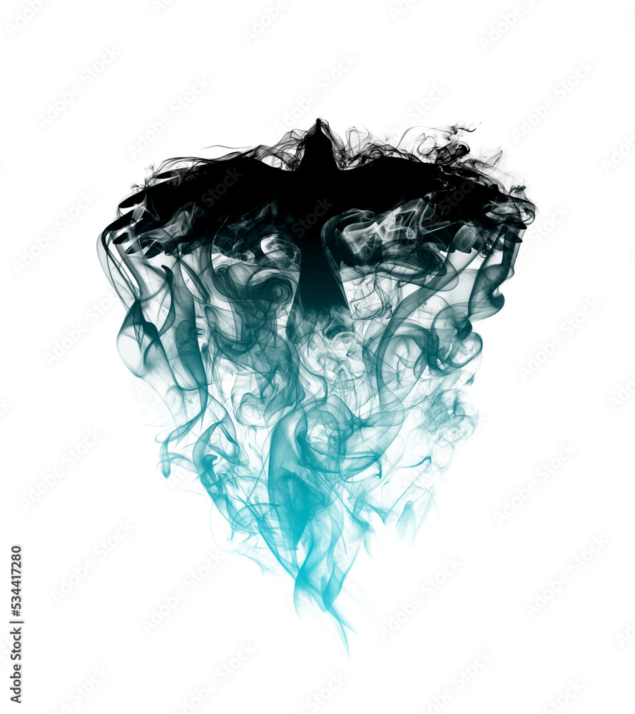 Silhouette of a flying raven with spread wings in puffs of smoke with a ...