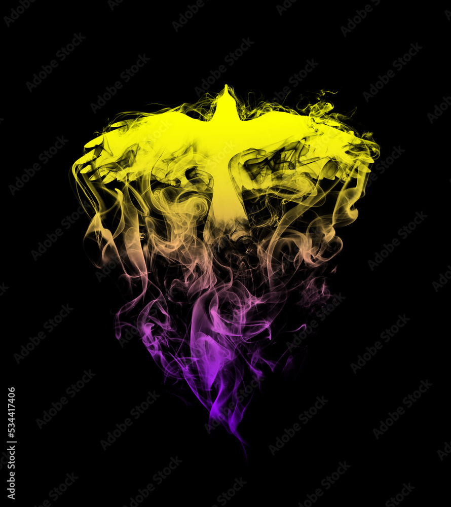 Silhouette of a flying raven with spread wings in beautiful puffs of ...