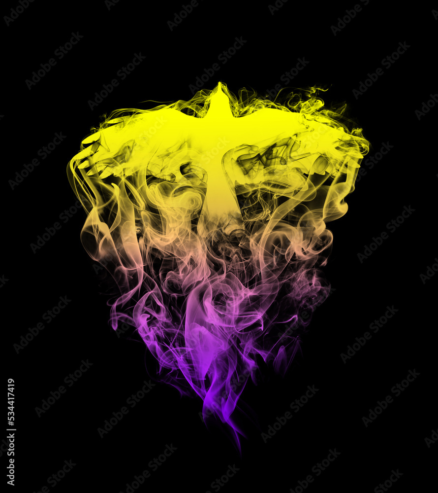 Silhouette of a flying raven with spread wings in beautiful puffs of ...