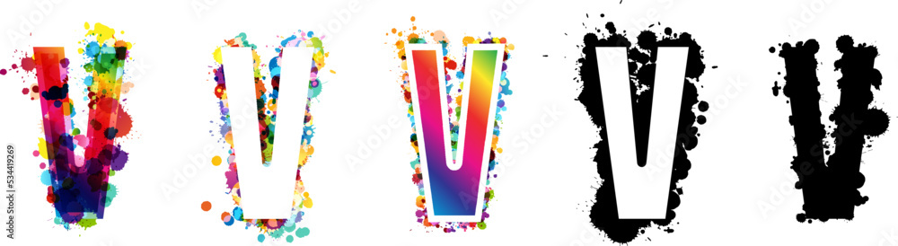 V letters with rainbow and black paint splash decorative elements ...