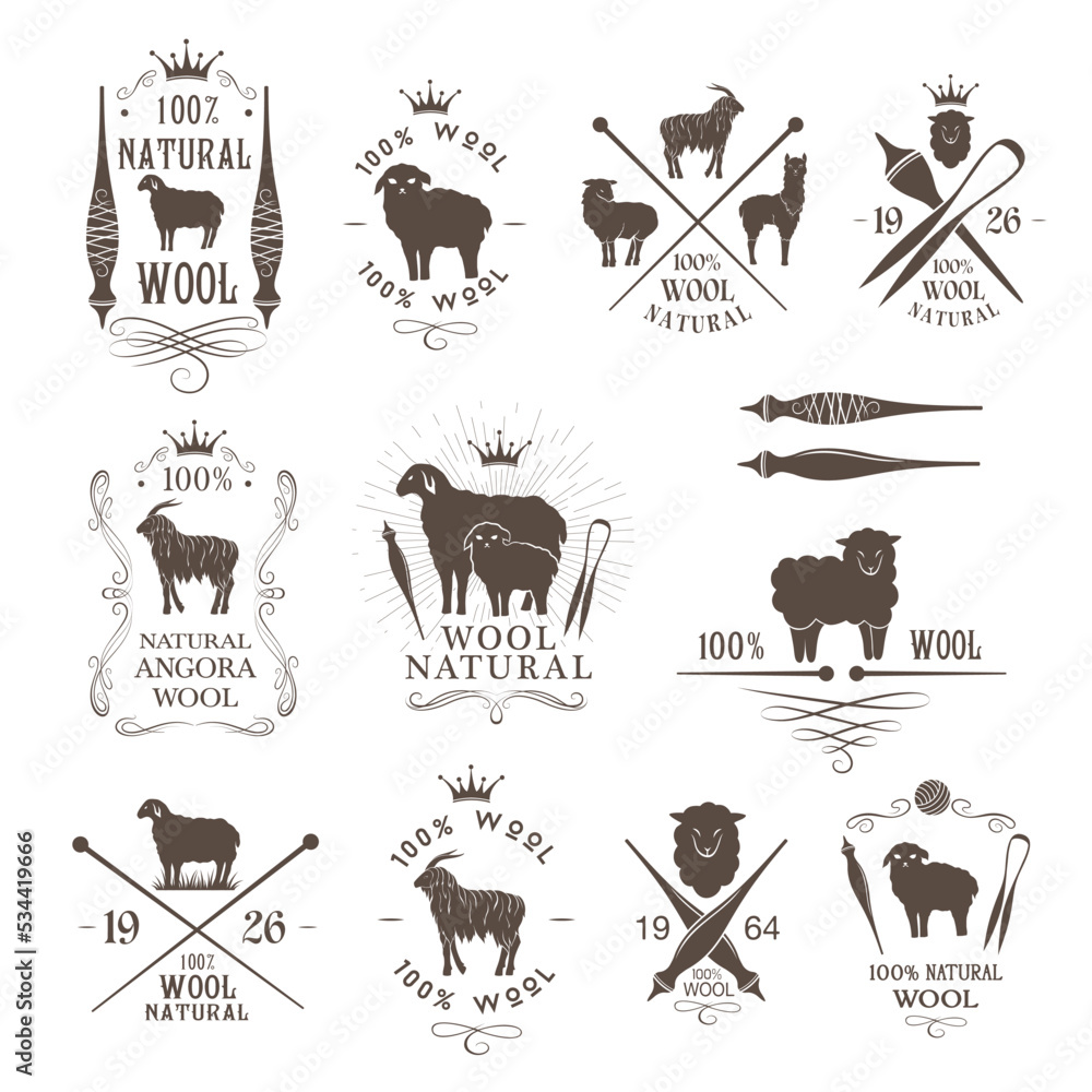 Wool labels and emblems collection. Sheep, alpaca, rabbit and goat wool ...