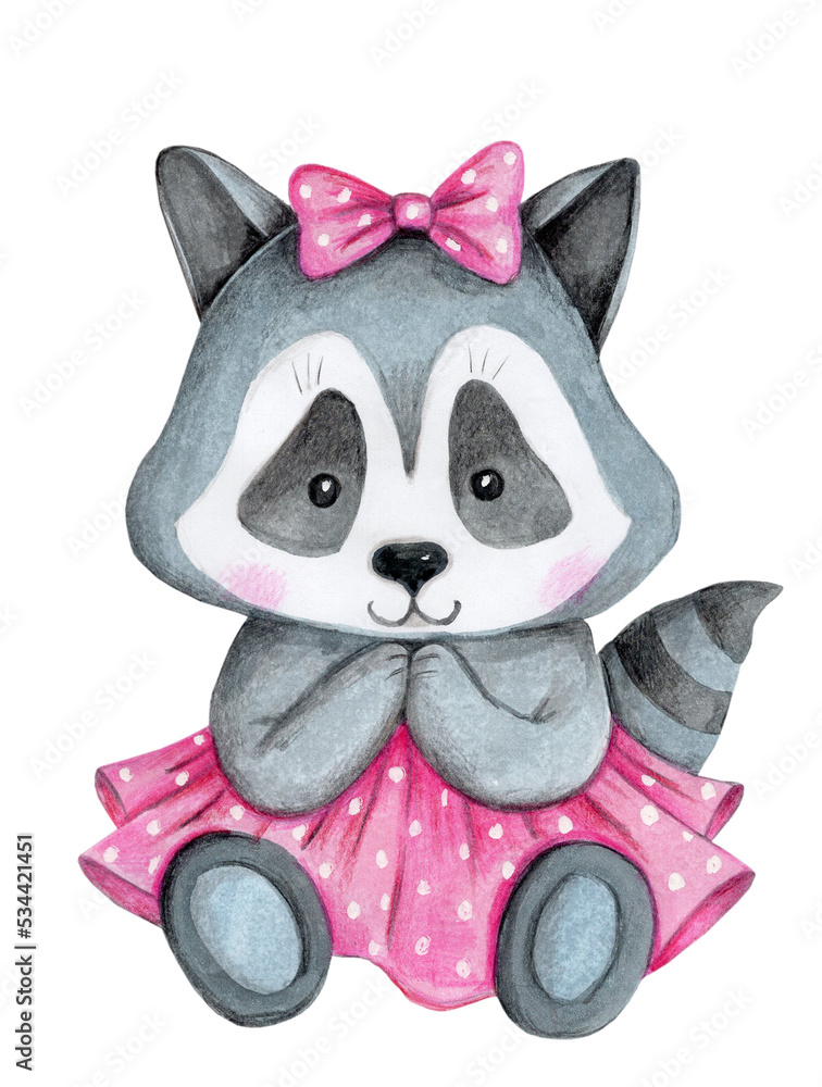 Cute cartoon baby raccoon, watercolor hand drawn illustration for ...