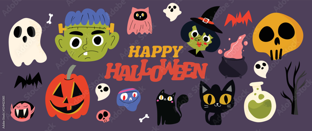 Happy Halloween day element background vector. Cute collection of ...