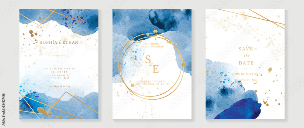 Luxury wedding invitation card template. Watercolor card with blue ...