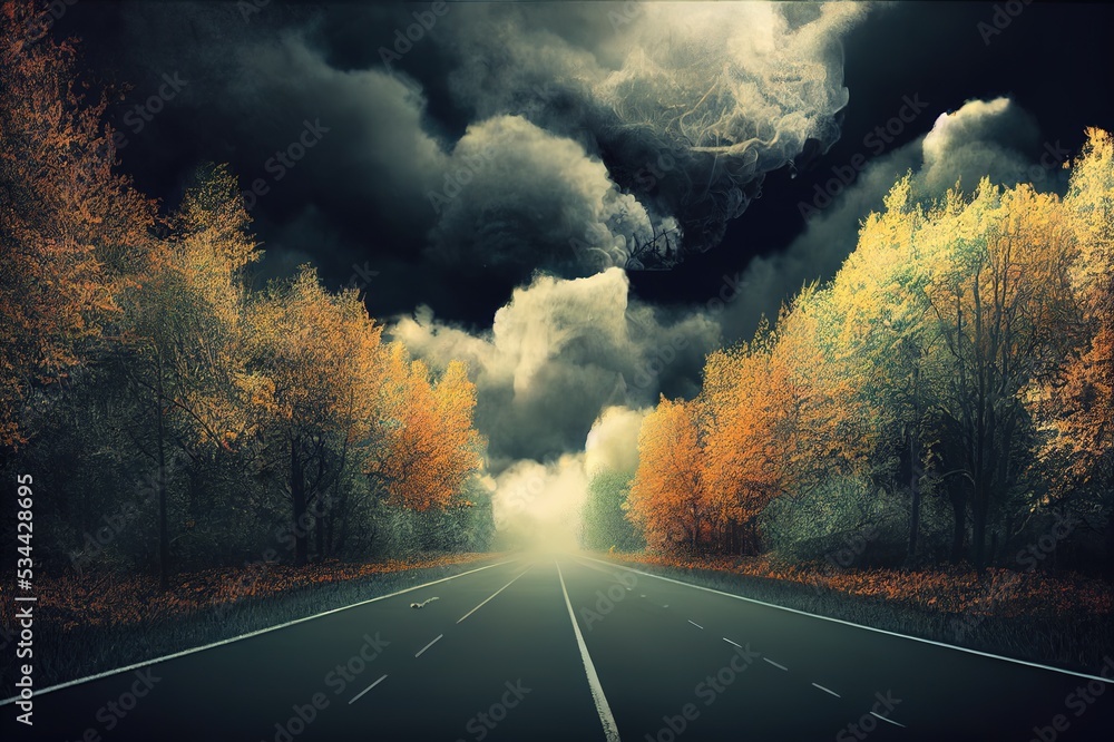 Raster illustration of spooky empty road in dark scary forest under ...