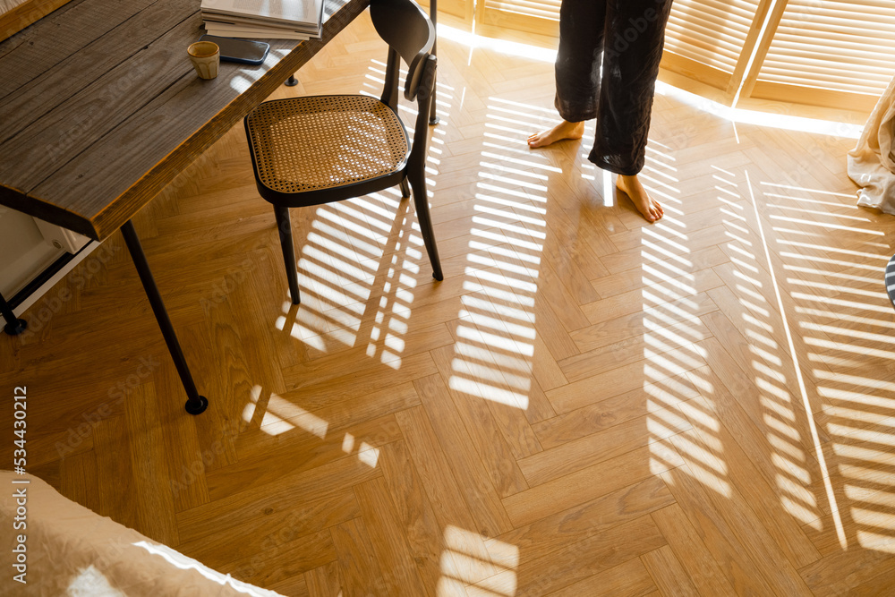 View from above on wooden floor made of parquet laid with herringbone ...