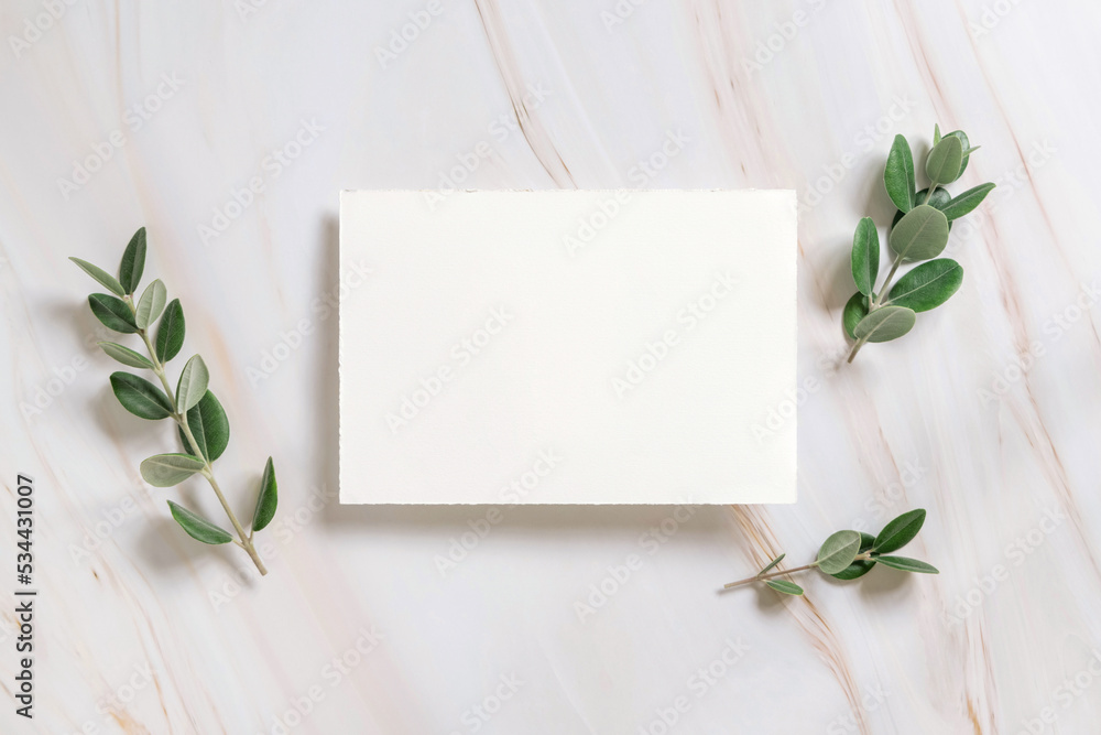 Horizontal card on a marble table decorated with eucalyptus branches ...