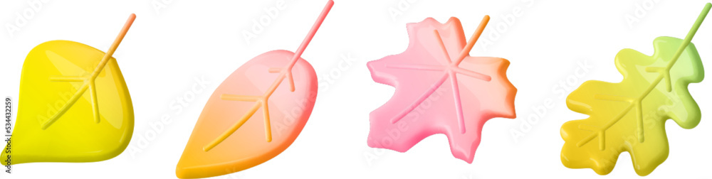 3d autumn leaf fall isolated on white background.Stylized red and ...