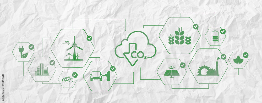 reducing CO2 emissions to stop climate change. green energy background ...