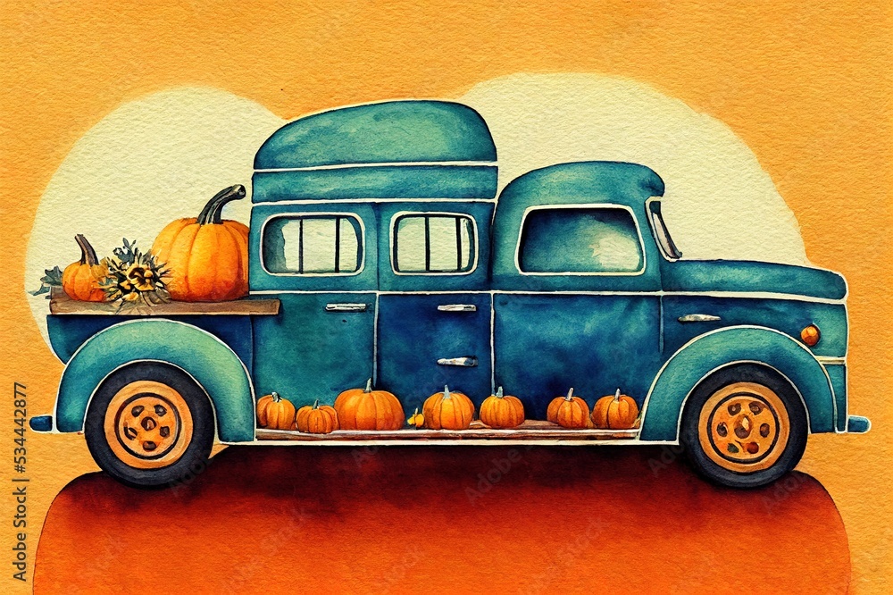 Watercolor Pumpkin Truck,Autumn Harvest Truck,Thanksgiving arrangement ...