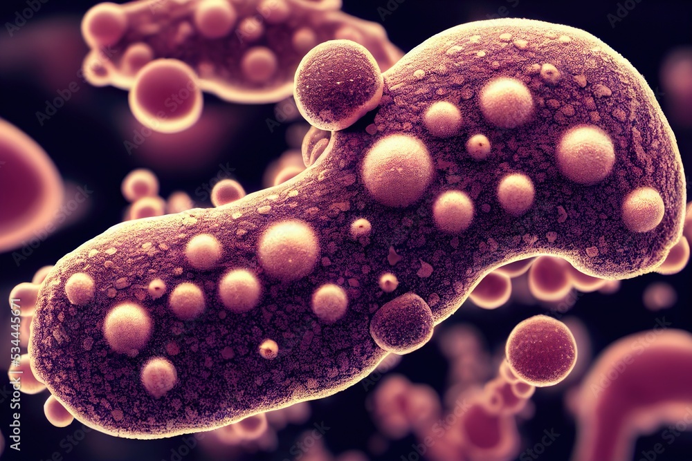 Bacteria cell under microscope effect. Virus and germs reproduction ...