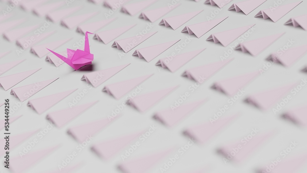 Origami of pink crane and many airplanes on white board under white ...