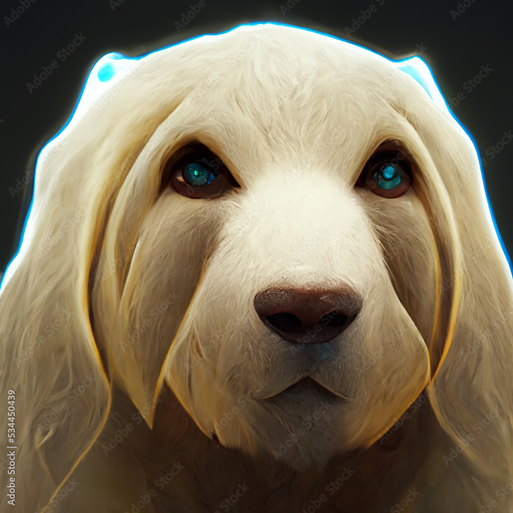 character art of a Pyrenees golden retriever mix hero and celestial ...