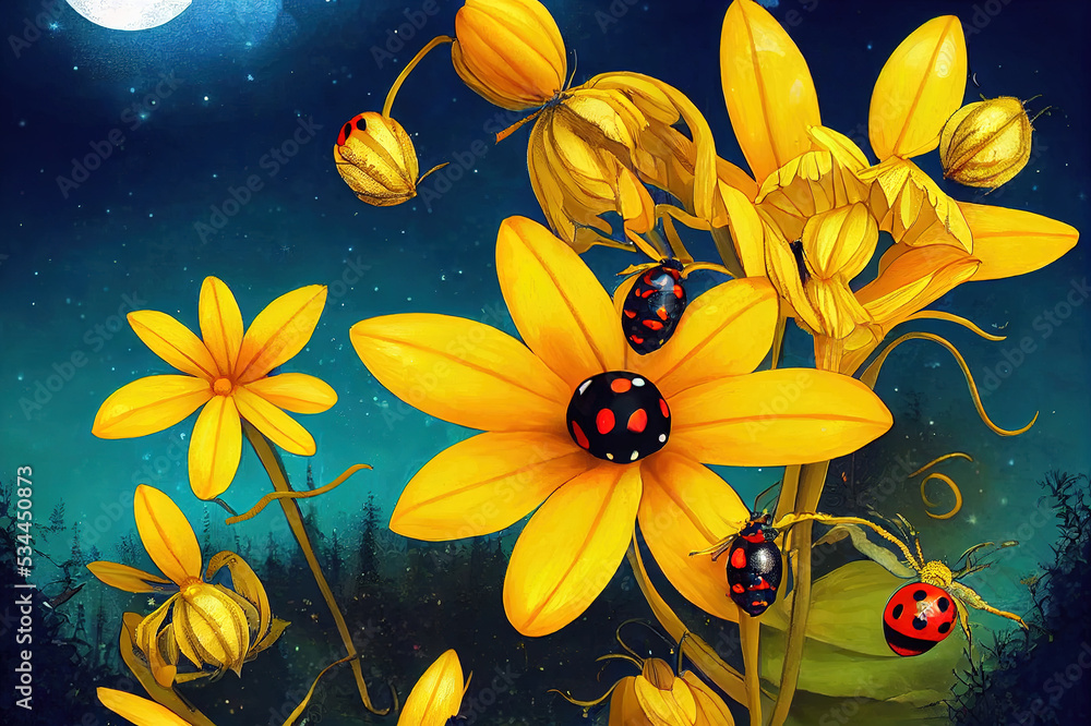 Yellow Flower and ladybugs in Fantasy magical garden in enchanted fairy ...