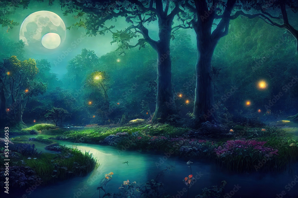 Fantasy magical enchanted fairy tale landscape with forest lake ...