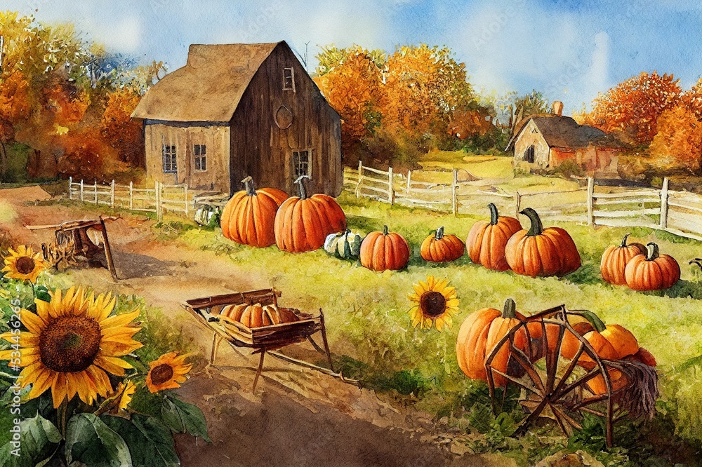 Watercolor farmhouse illustration, Autumn harvest scene with rustic ...