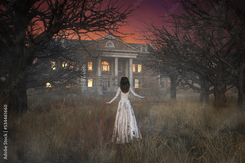 Ghostly figure of woman in long white dress floating through forest towards a creepy haunted ...
