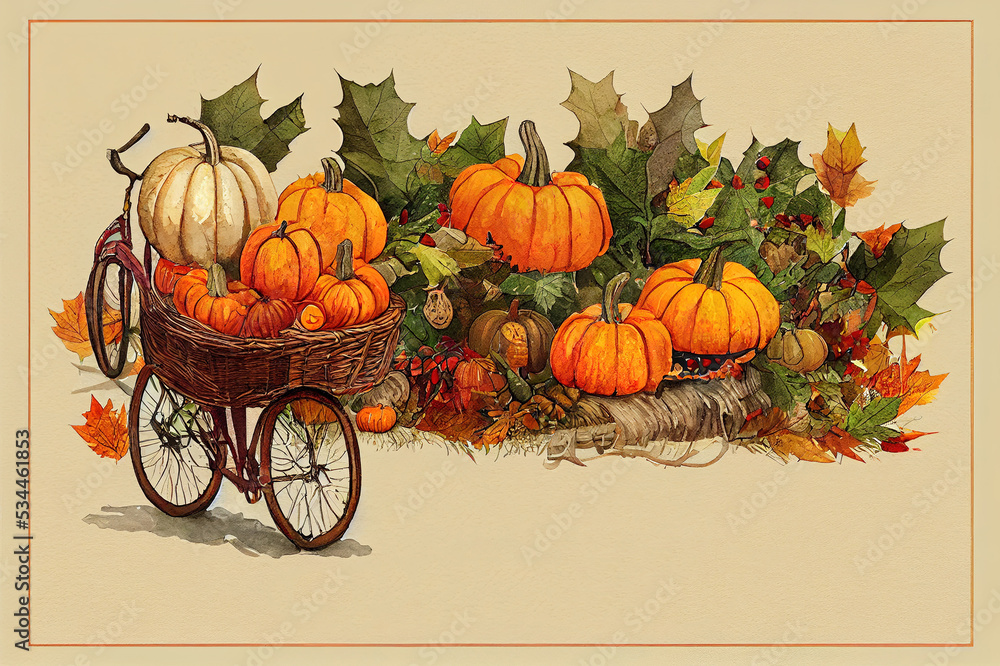 Autumn card with bicycle, wickers baskets, pumpkins, apples, robin ...