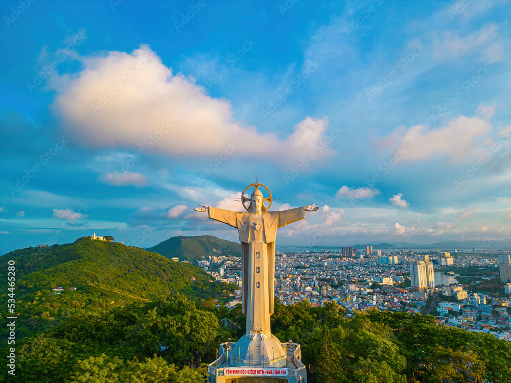 VUNG TAU, VIETNAM, SEP 24 2022 - Top view of Vung Tau with statue of Jesus Christ on Mountain ...