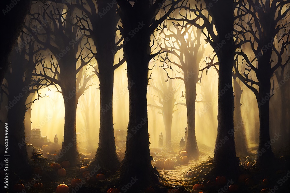 Realistic haunted forest creepy landscape at afternoon. Fantasy Halloween forest background ...