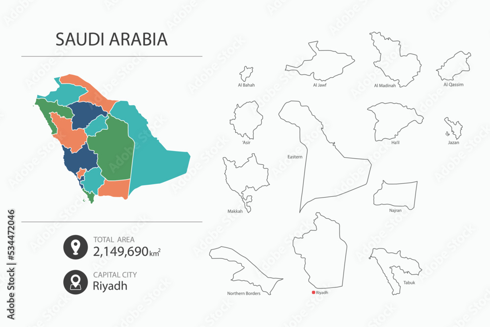 Fototapeta mapa świata dla dzieci Map of Saudi Arabia with detailed ...