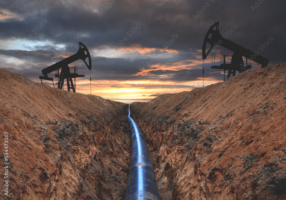 Construction Gas Pipeline Project on sunset background. Natural Gas and ...