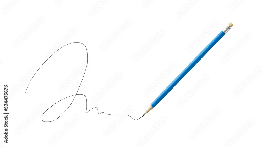 Black graphite pencil drawing curved line. Blue wooden pencil with ...