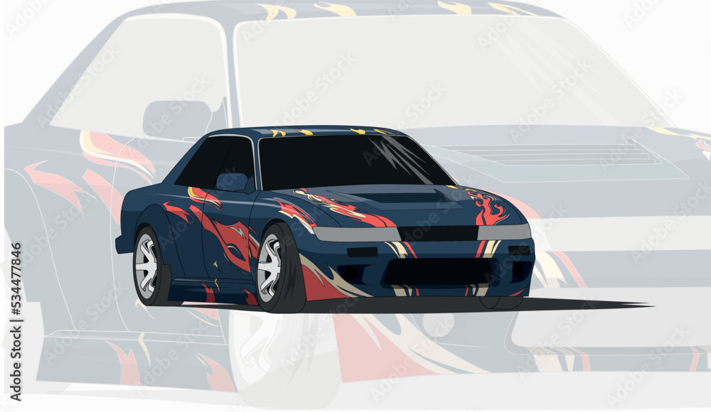 Japan drift car. Realistic vector illustration for sticker, badge or ...