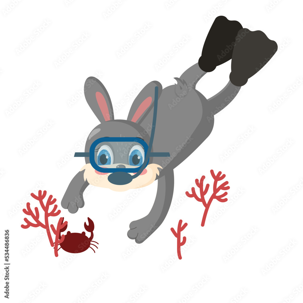 A cute hare in an underwater mask swims in the sea among the Caral ...